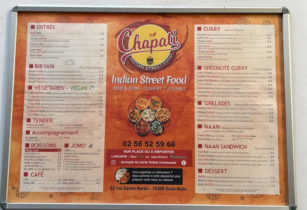 Menu au Chapati Indian Street Food restaurant, Saint-Malo