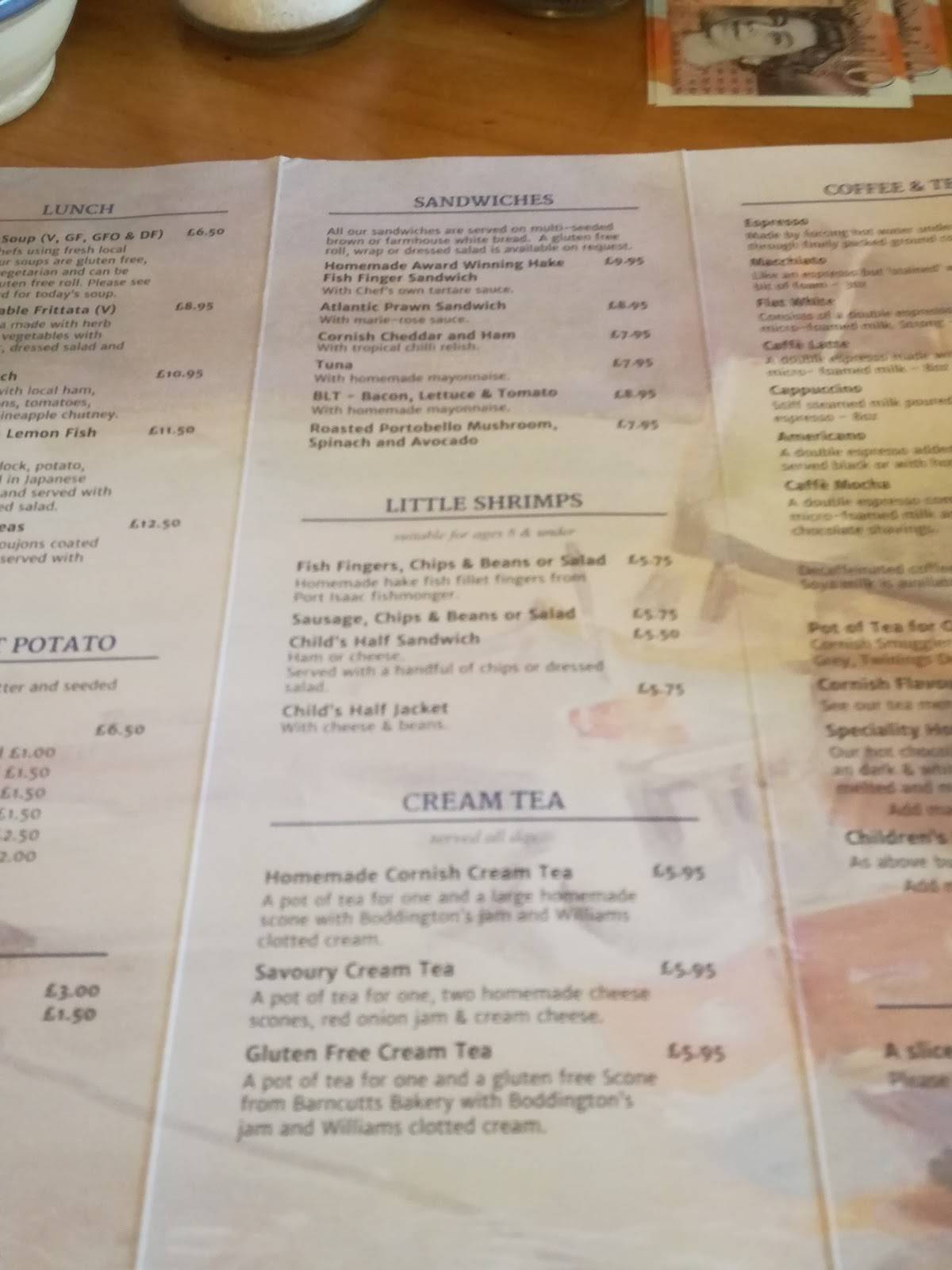 Menu at The Chapel cafe, Port Isaac