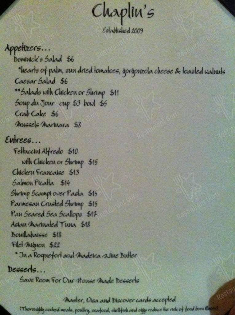 Menu at Chaplin's restaurant, New London, 165 Bank St