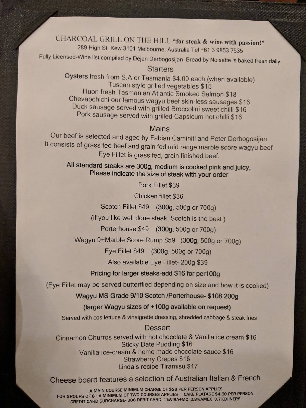 Menu at Charcoal Grill on The Hill steakhouse, Kew