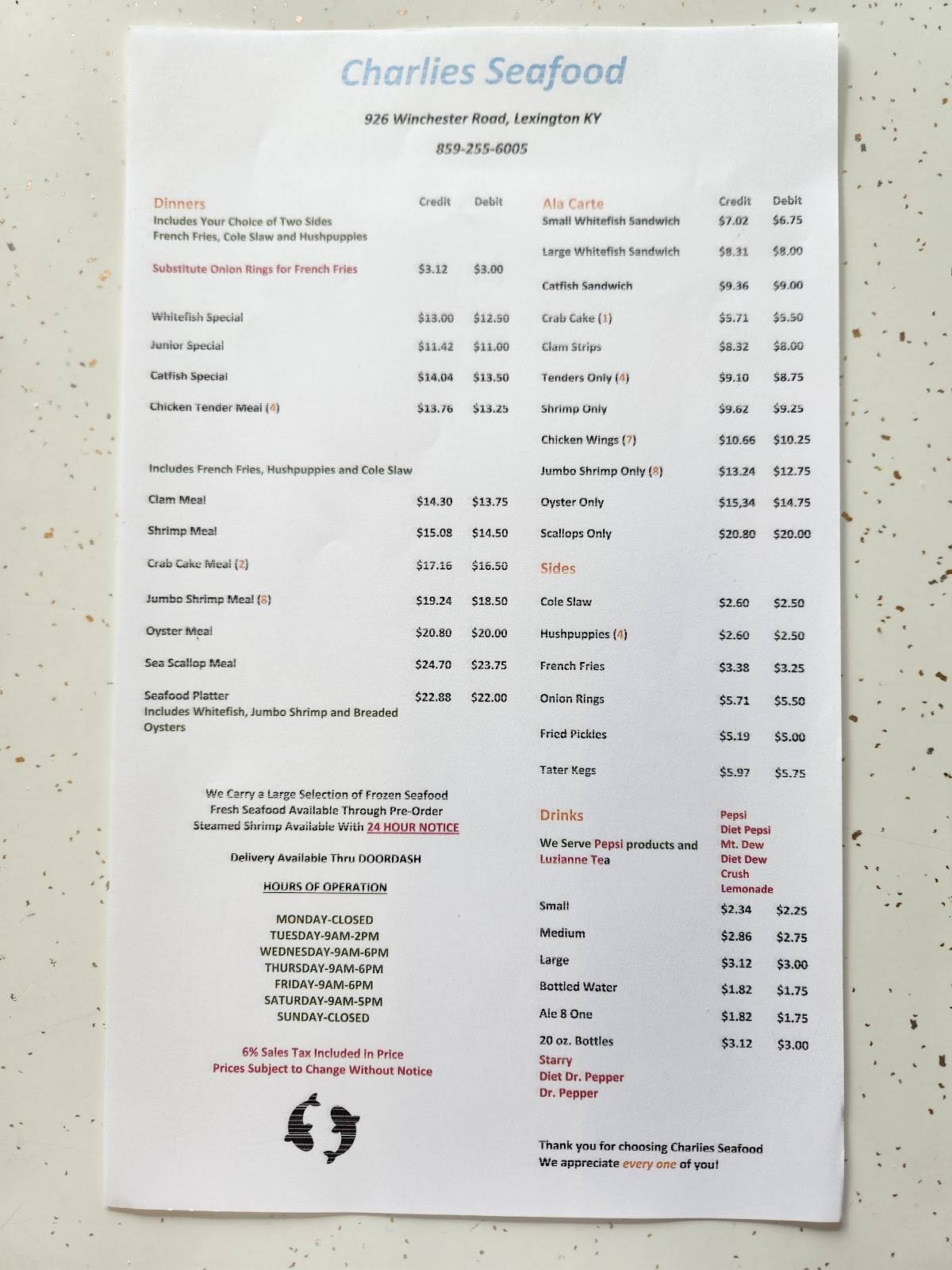 Menu at Charlie's Seafood & Carry-Out Restaurant, Lexington