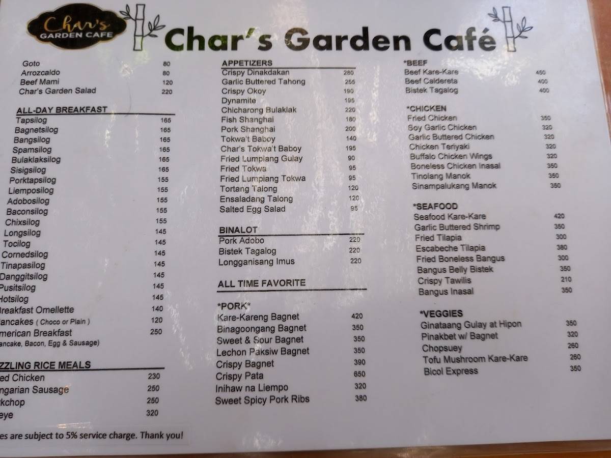 Menu at Char's Garden Cafe - Tagaytay, Laurel, 4W3G+QWP