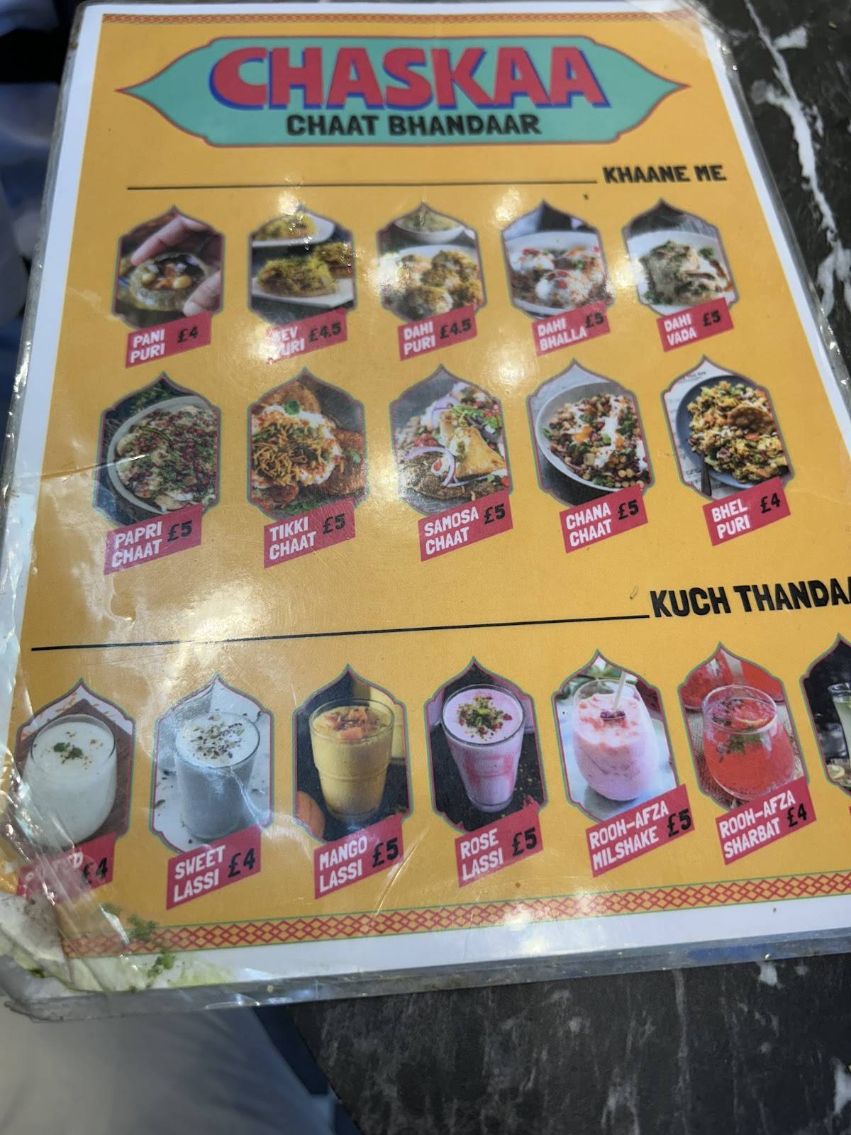 Menu at Chaskaa Chaat Bhandaar, Southall