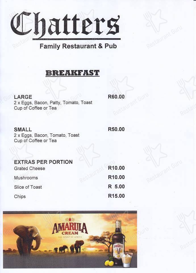 Menu at Chatter's Family Restaurant, Krugersdorp