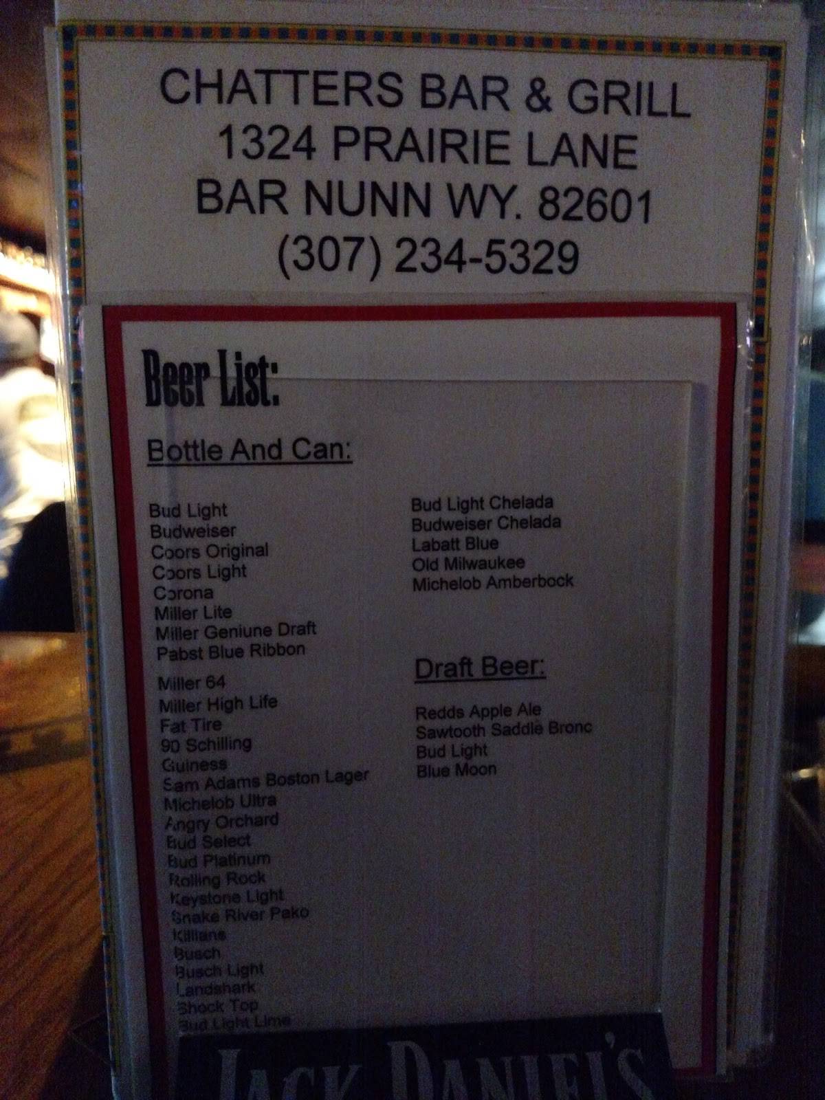 Menu at Chatters pub & bar, Bar Nunn