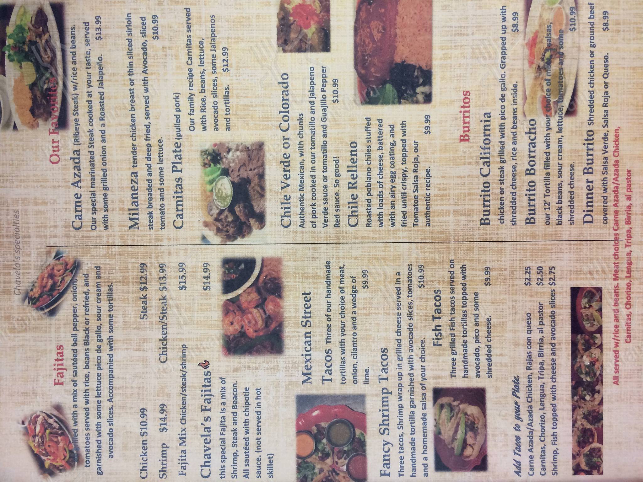 Menu at Chavela's Mexican Cuisine restaurant, Webb City