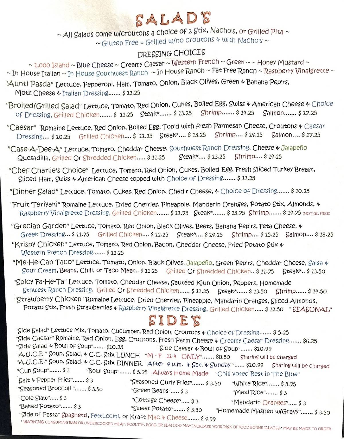 Menu at Cheap Charlie's steakhouse, Fort Gratiot Township