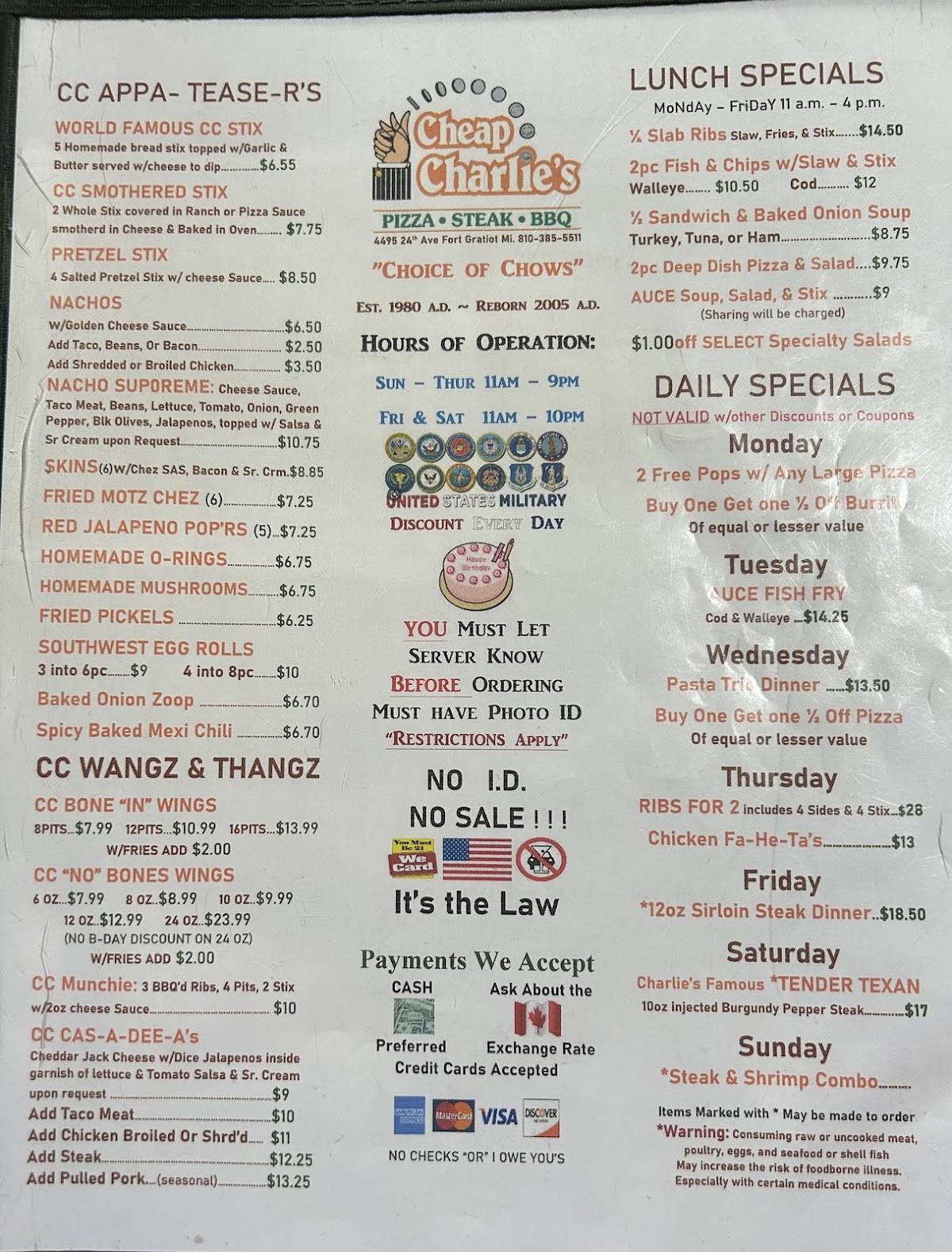 Menu at Cheap Charlie's steakhouse, Fort Gratiot Township