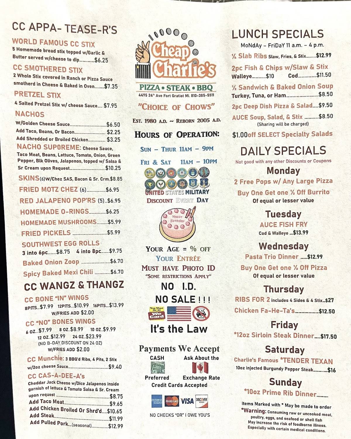 Menu at Cheap Charlie's steakhouse, Fort Gratiot Township