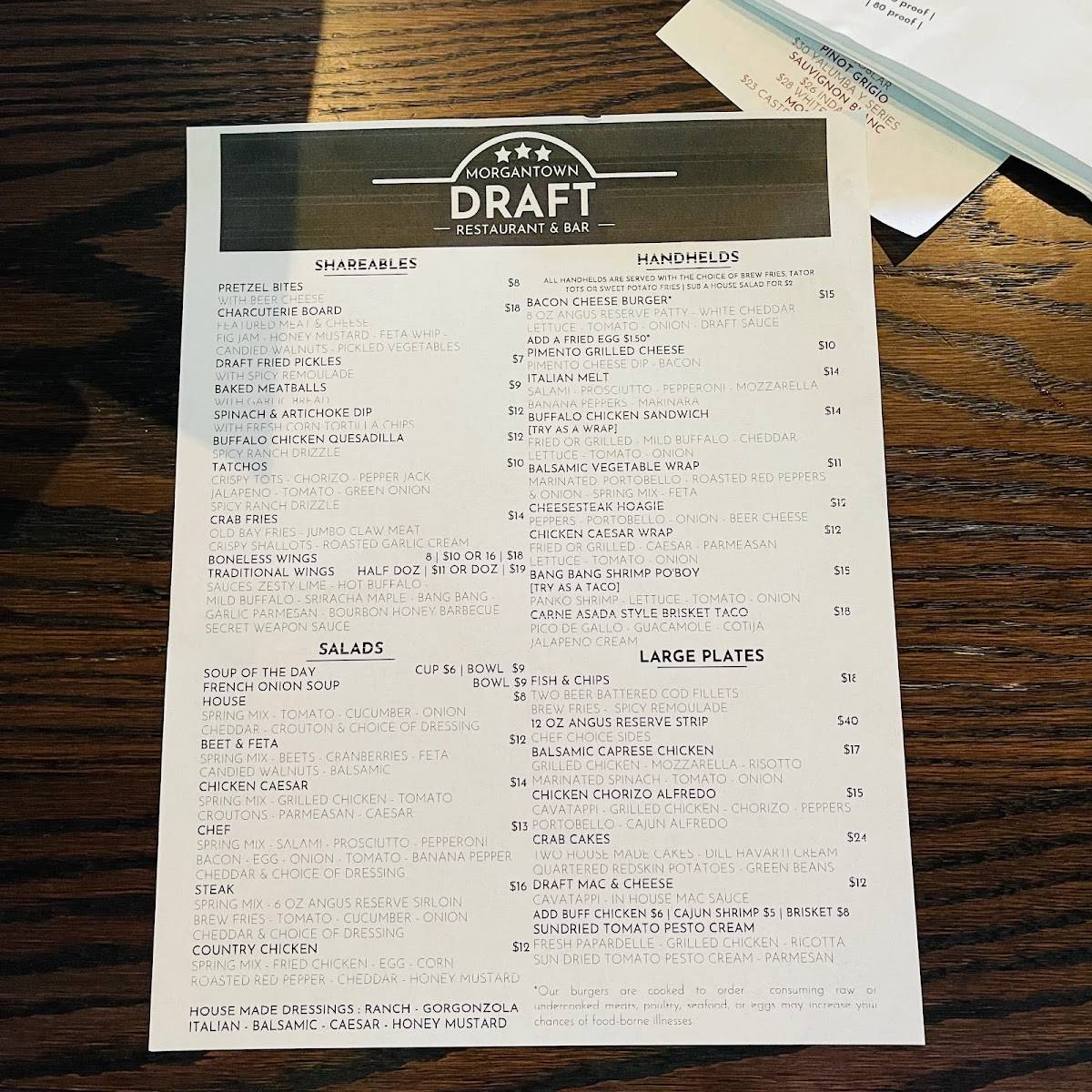 Menu at Draft pub & bar, Morgantown