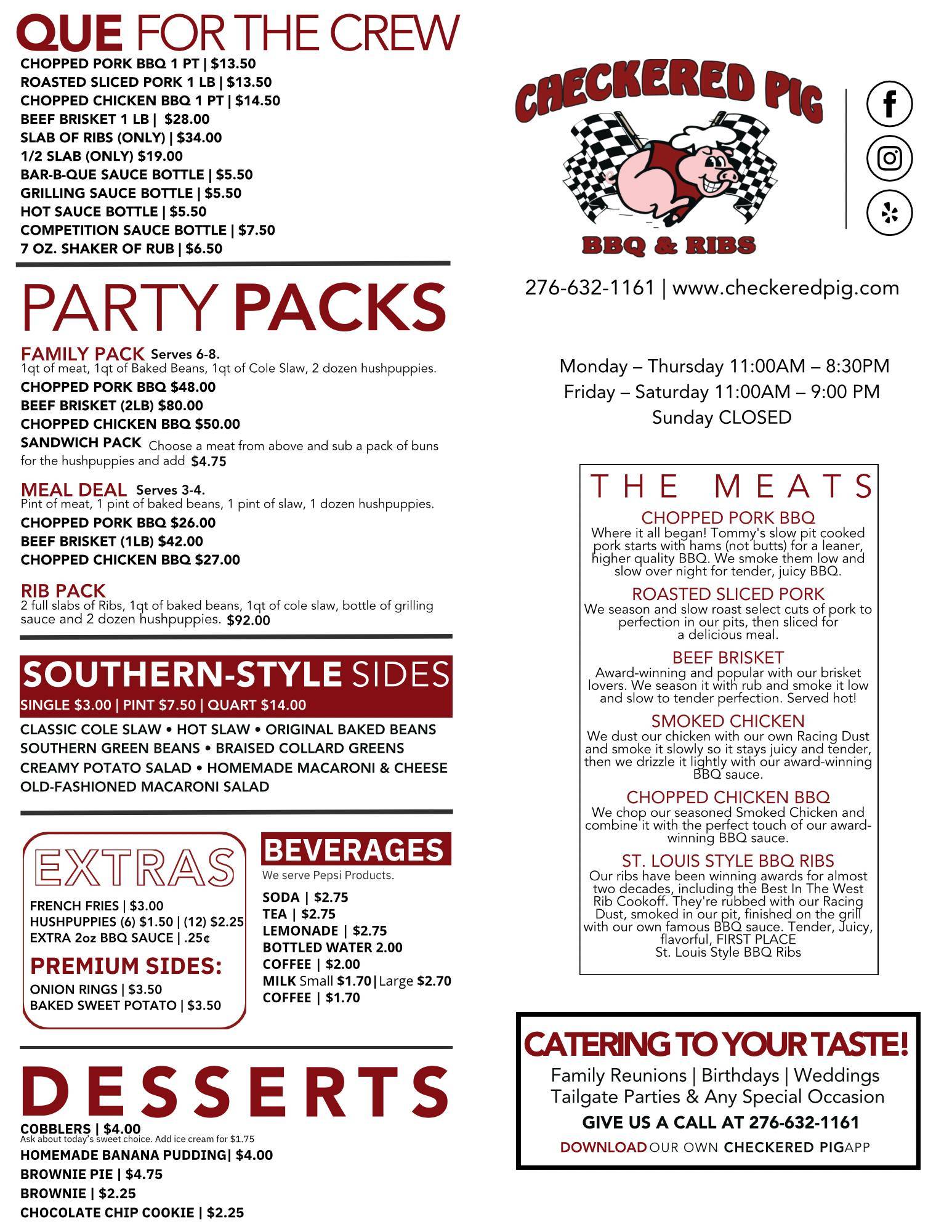 Menu at Checkered Pig BBQ, Martinsville