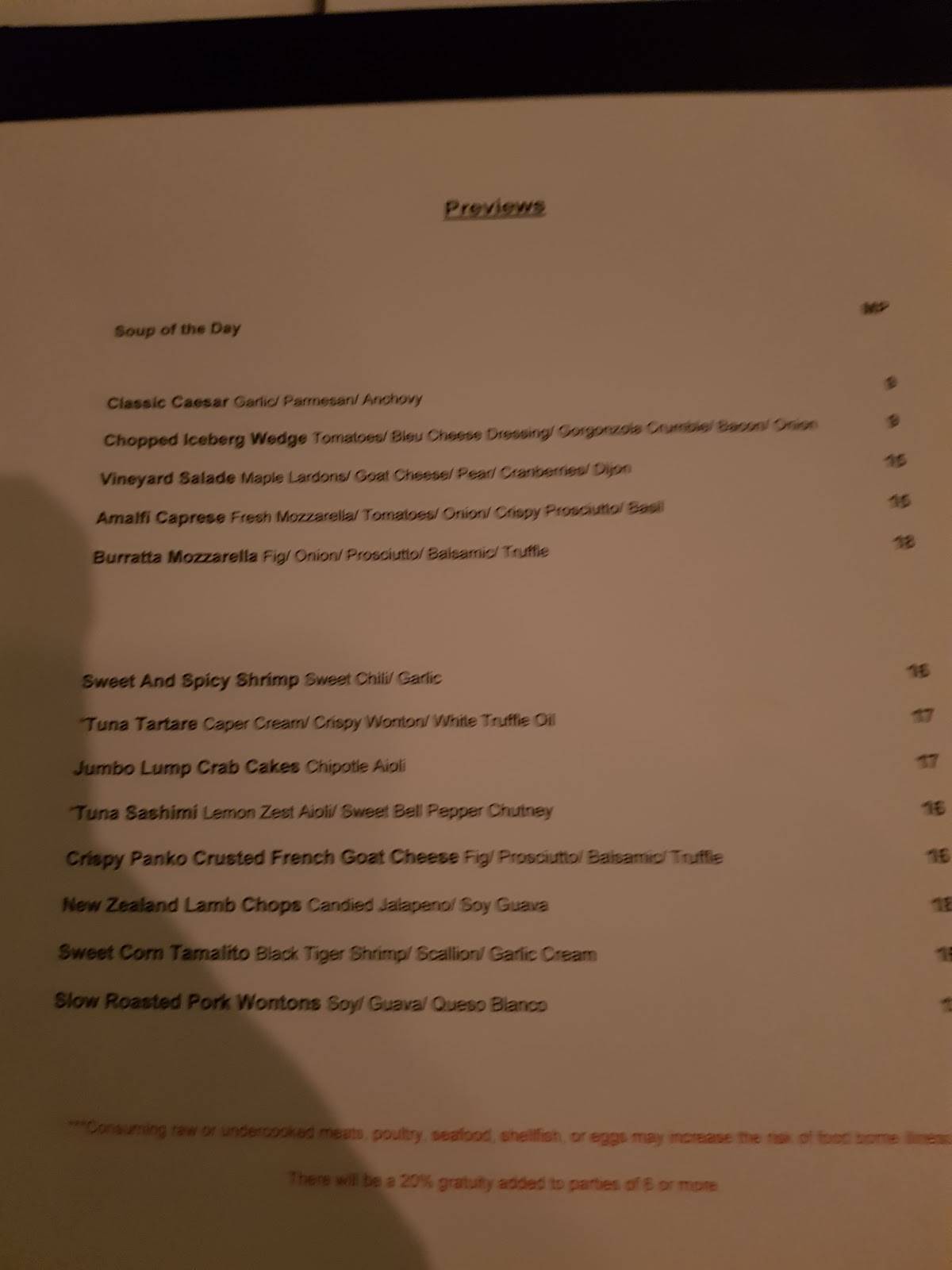Carta de Chef Adrianne's Vineyard Restaurant and Bar, Miami