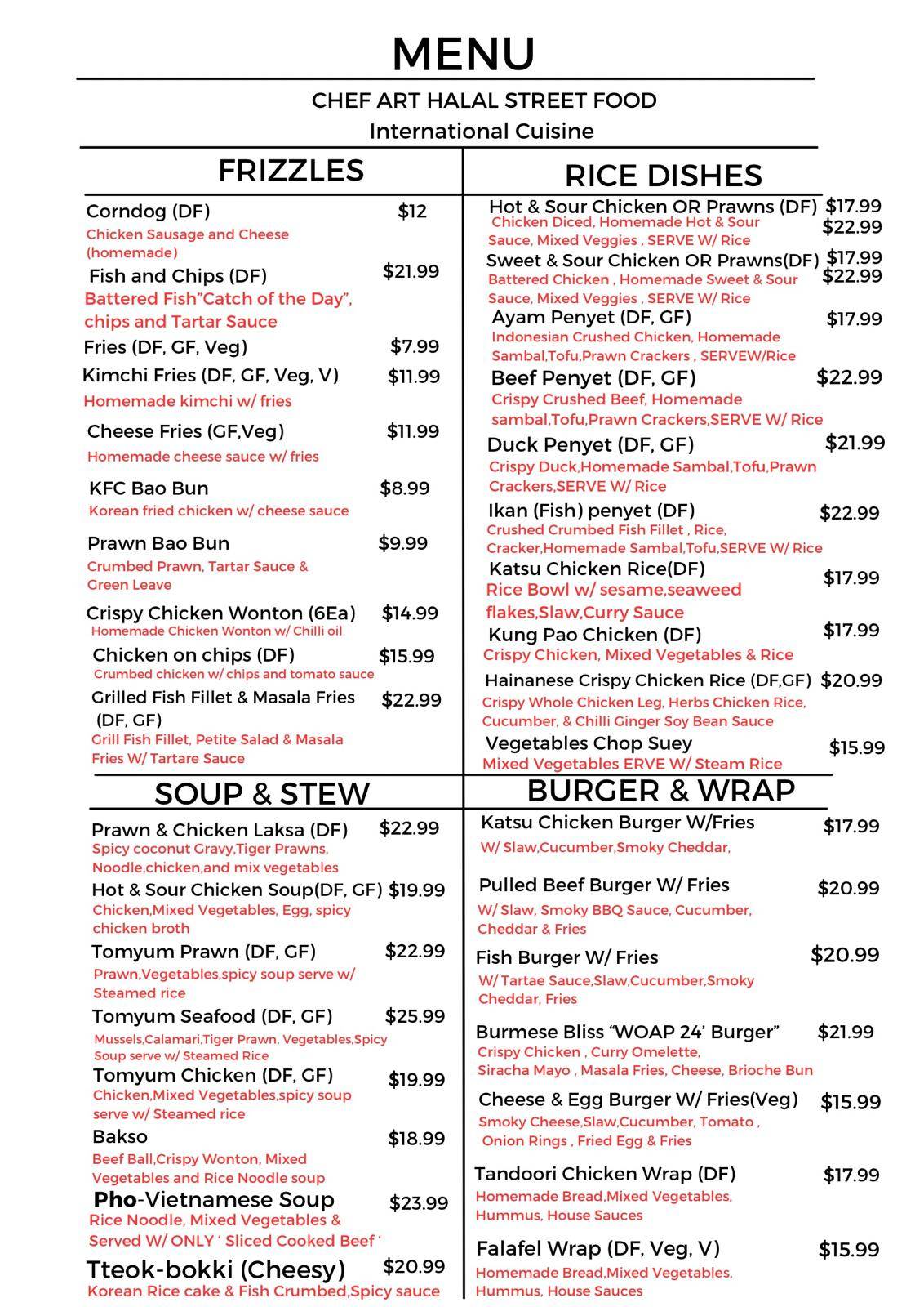 Menu at Chef Art Halal street food cafe, Wellington