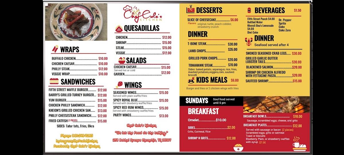 Menu at Chef Cole's Kitchen restaurant, Memphis