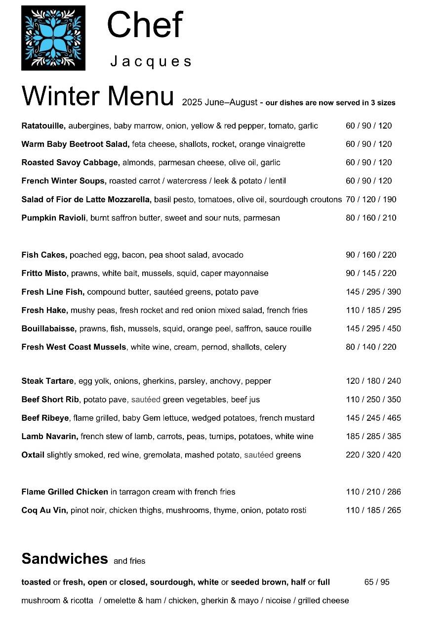 Menu at Chef Jacques restaurant, Roodepoort