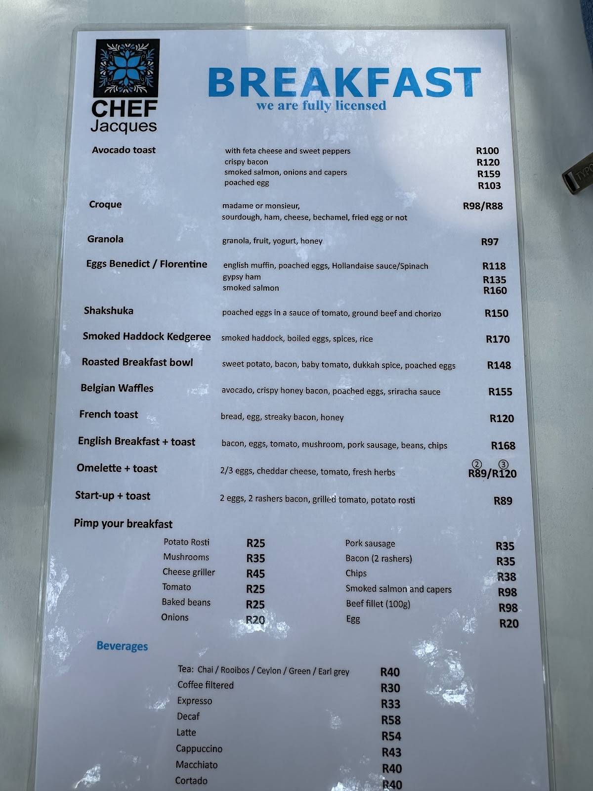 Menu at Chef Jacques restaurant, Roodepoort