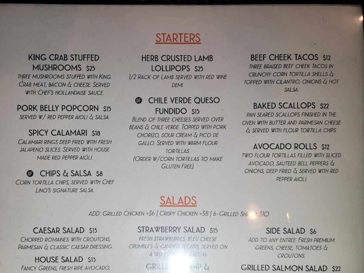 Menu at Chef Lino’s Grill & Catering steakhouse, Bakersfield