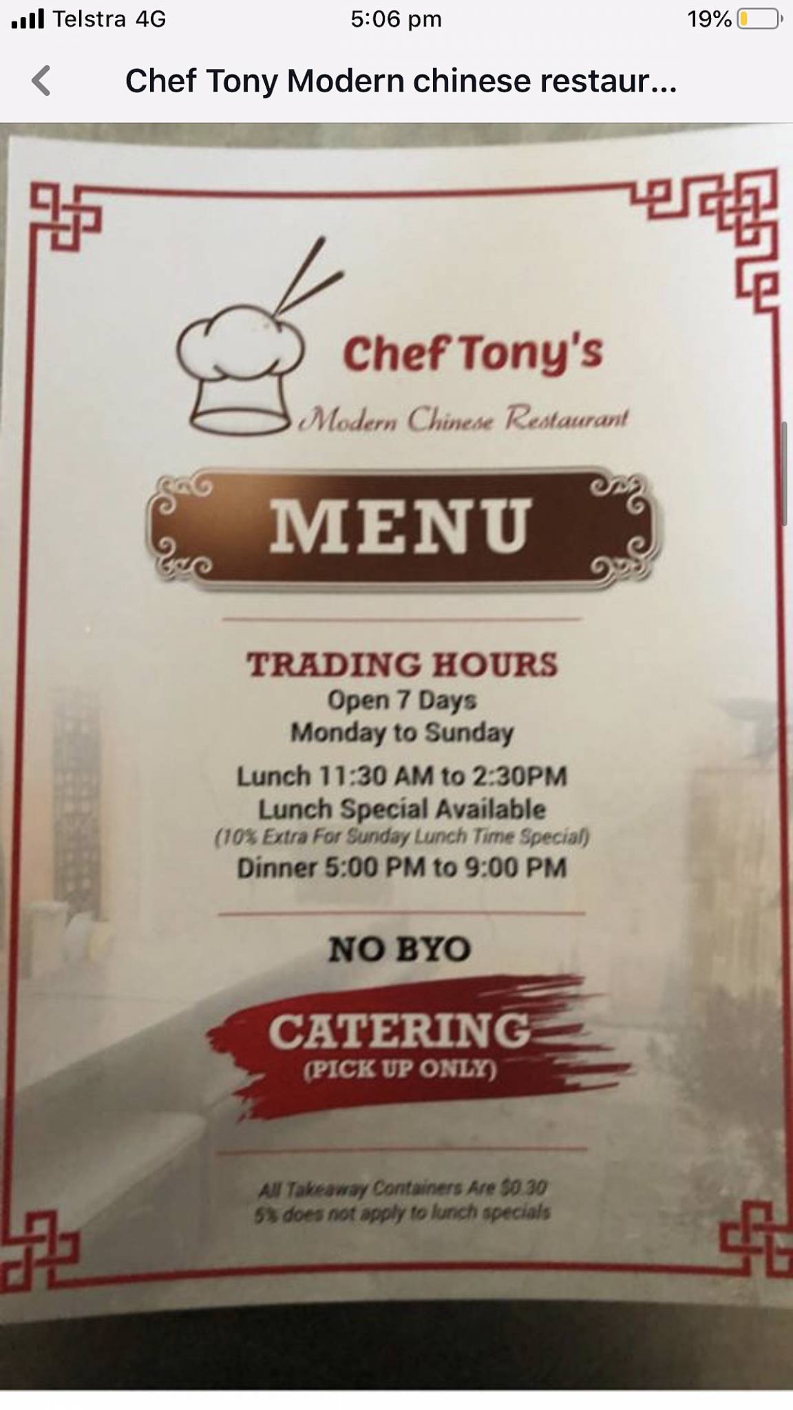 Menu at Chef Tony's Modern Chinese Restaurant, Bomaderry