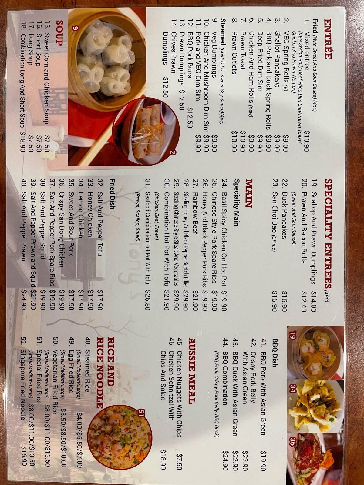 Menu at Chef Tony's Modern Chinese Restaurant, Bomaderry