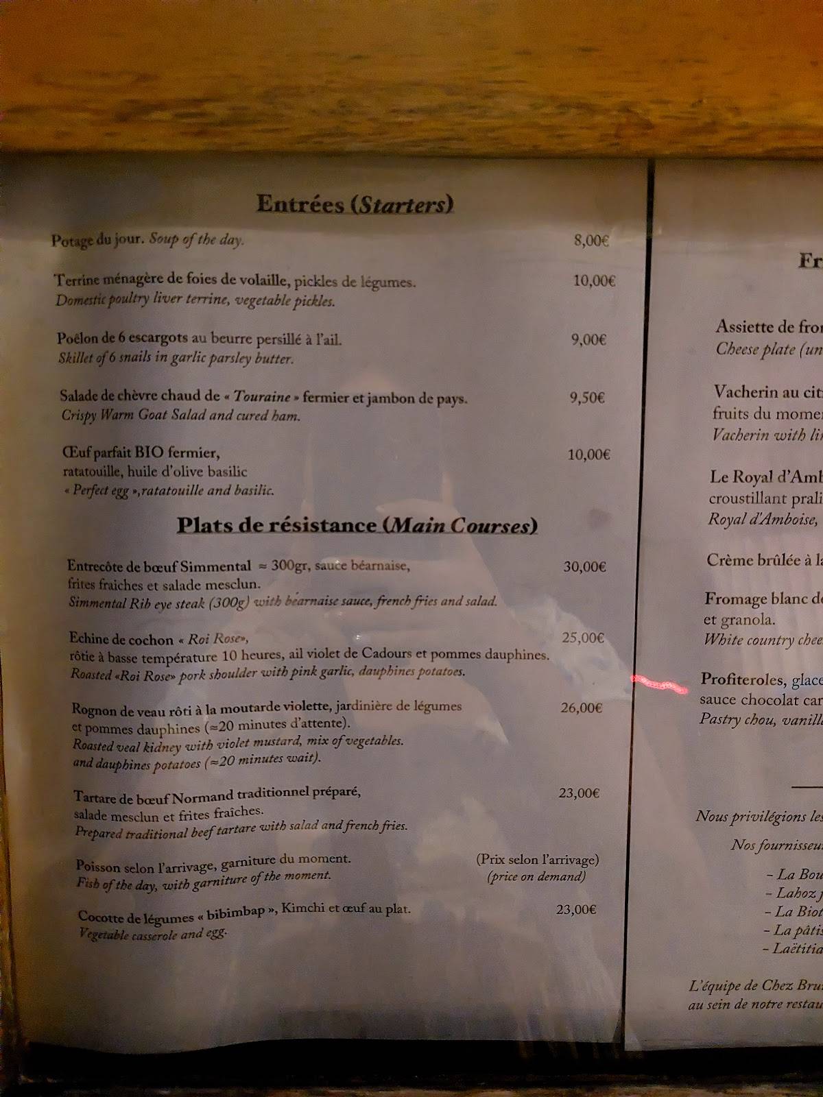 Menu au Chez Bruno restaurant, Amboise