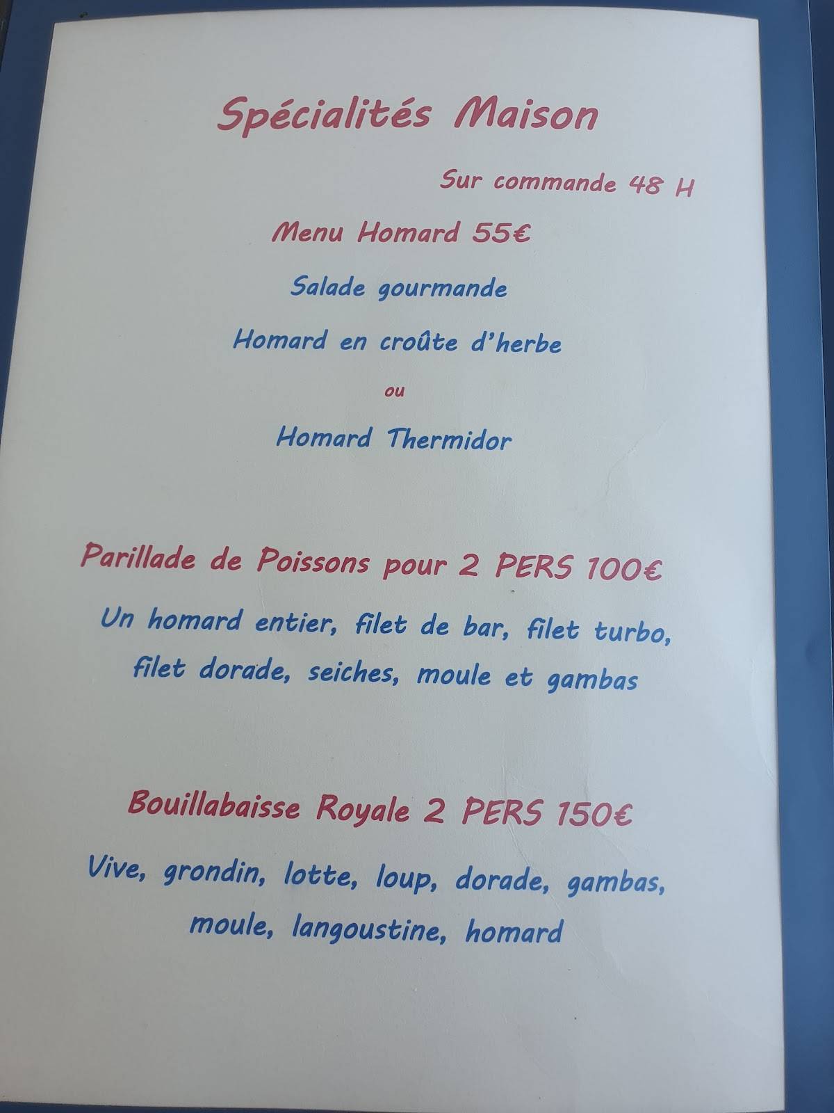 Menu au Chez Iris et Christophe restaurant, Fitou