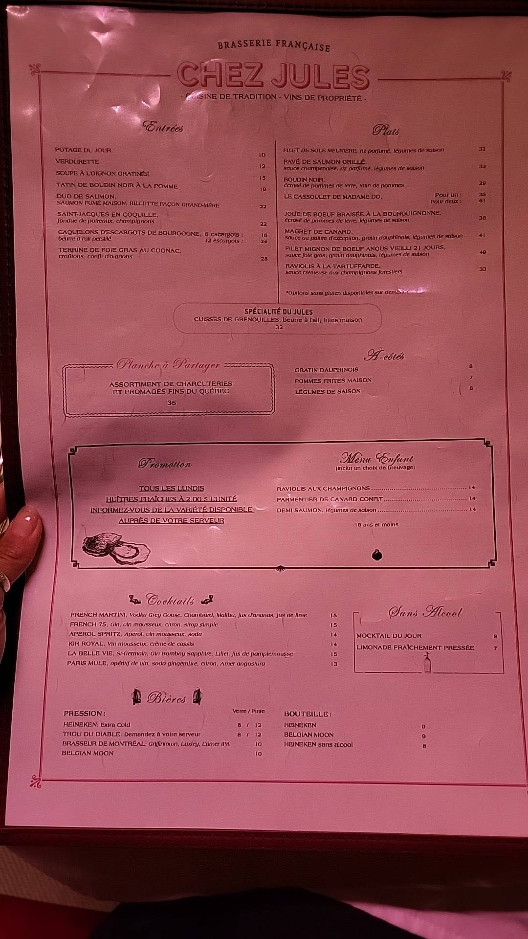 Menu au Chez Jules restaurant, Québec, 24 Rue Sainte-Anne