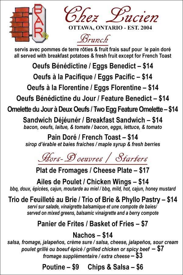 Menu at Chez Lucien pub & bar, Ottawa