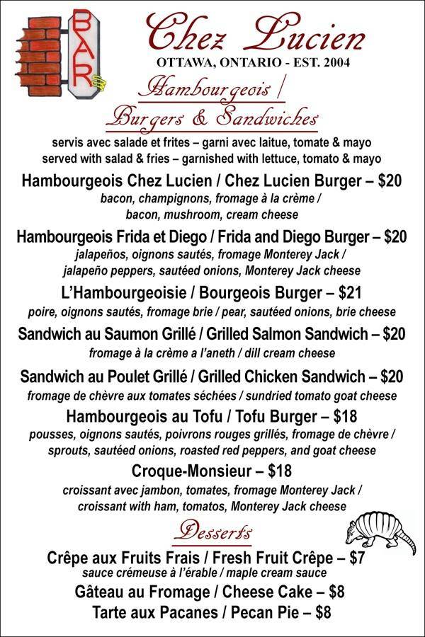 Menu at Chez Lucien pub & bar, Ottawa