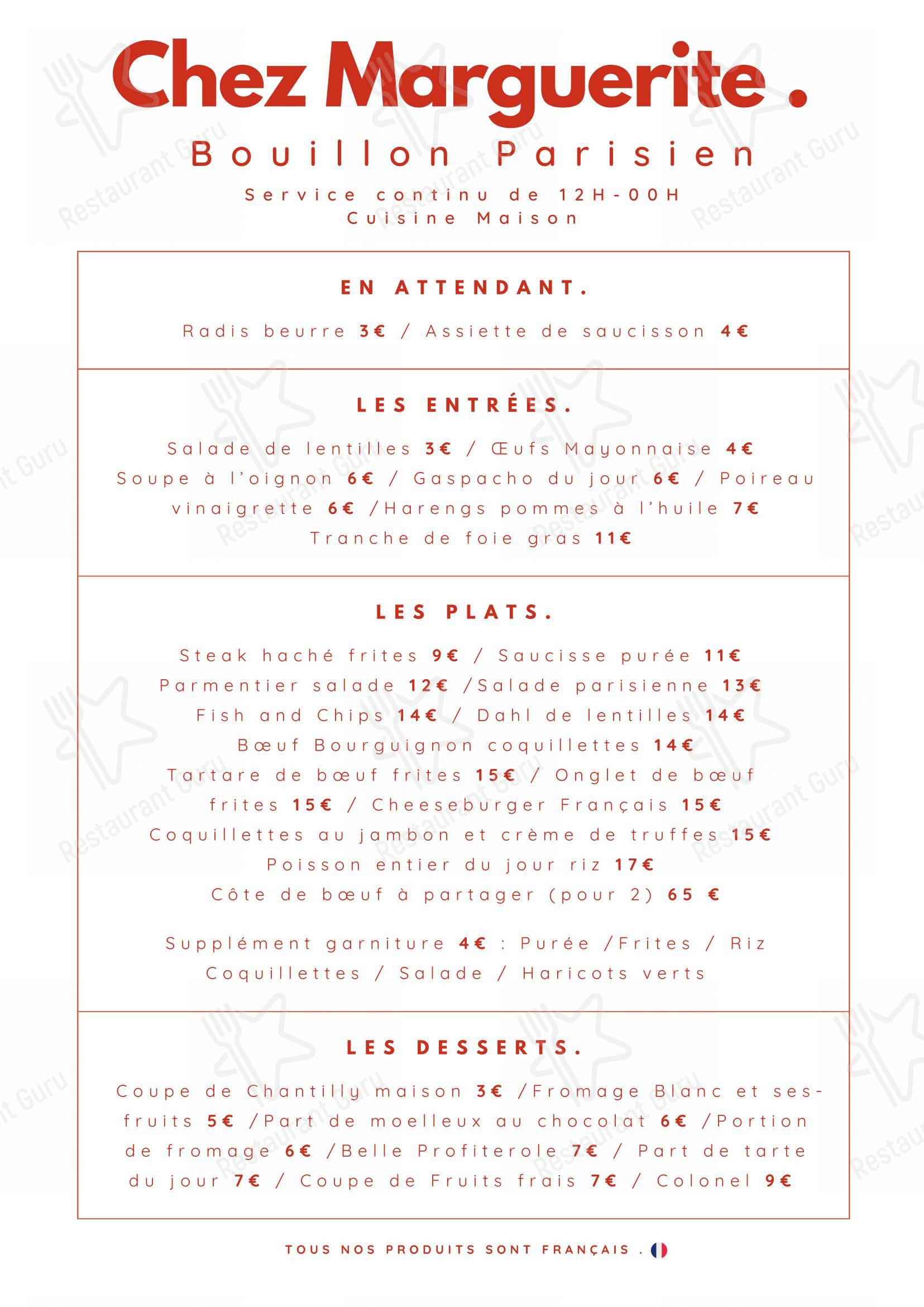 Menu at Chez Marguerite. restaurant, Paris