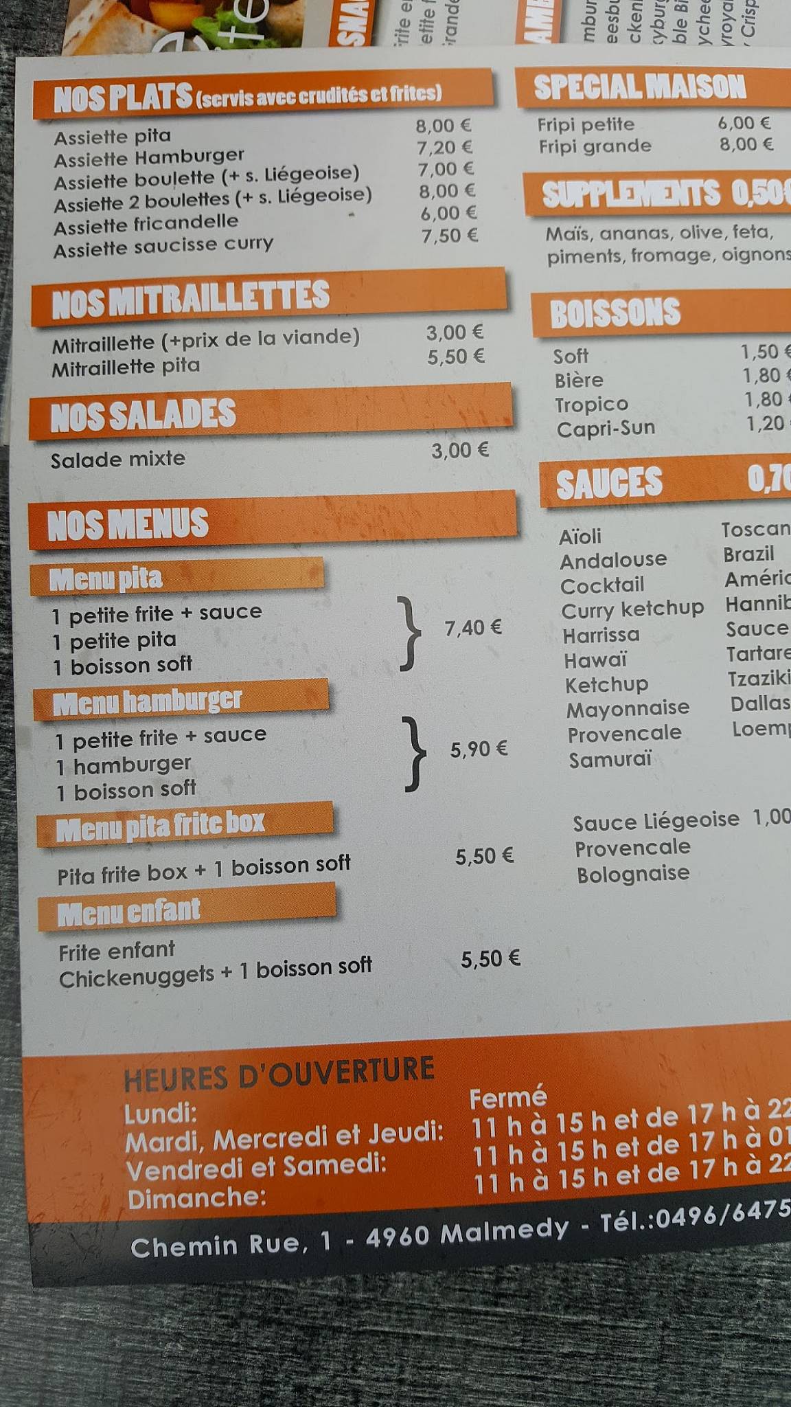 Speisekarte von Chez Murat, Malmedy