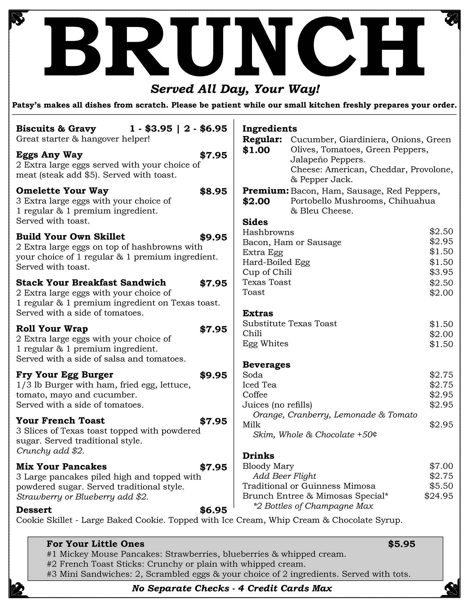Menu at Patsy's Place pub & bar, Chicago