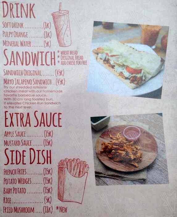Menu at Chicken Run, Jakarta, Pasar Santa Basement Flr No.116