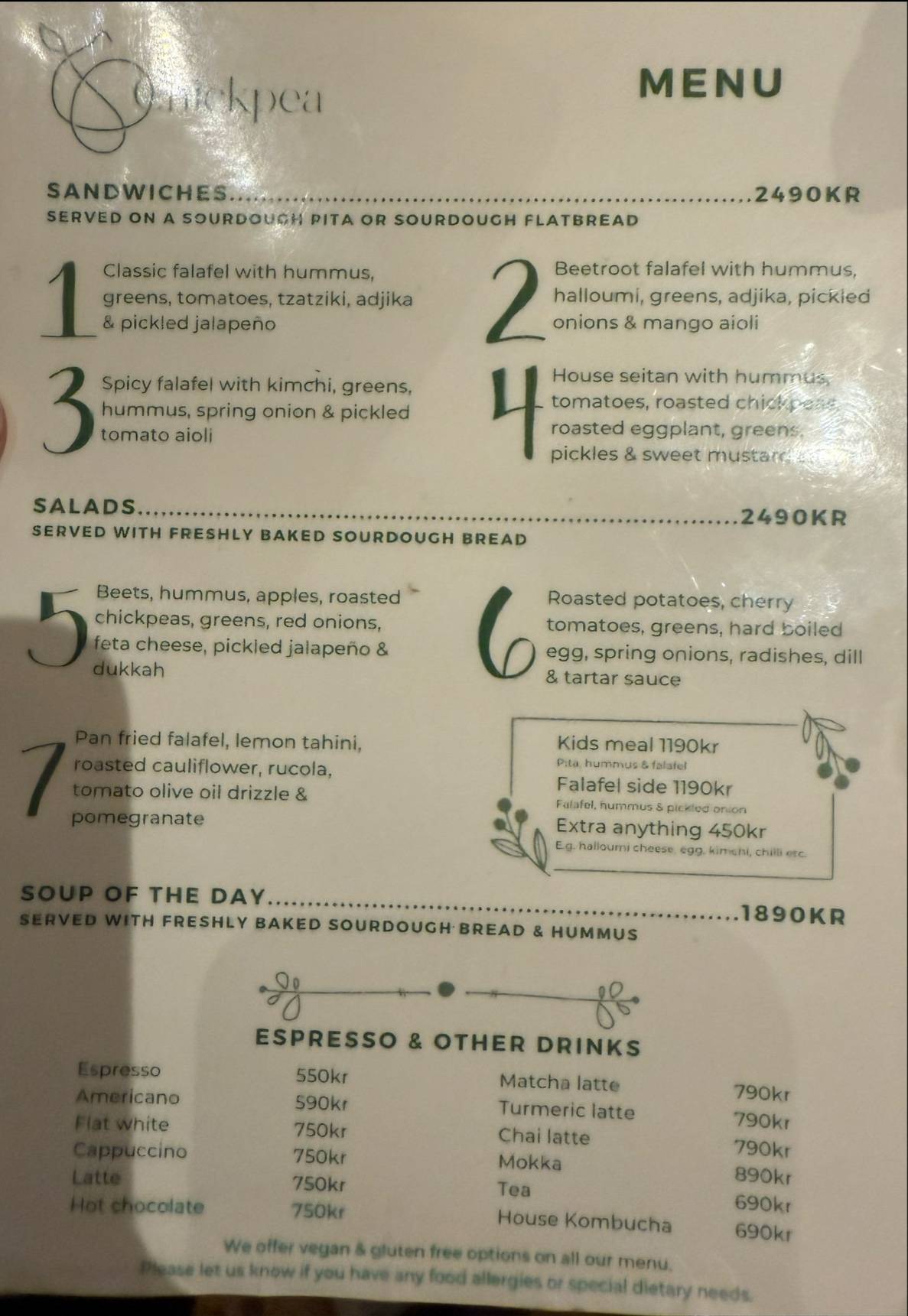 Menu at Chickpea restaurant, Reykjavík