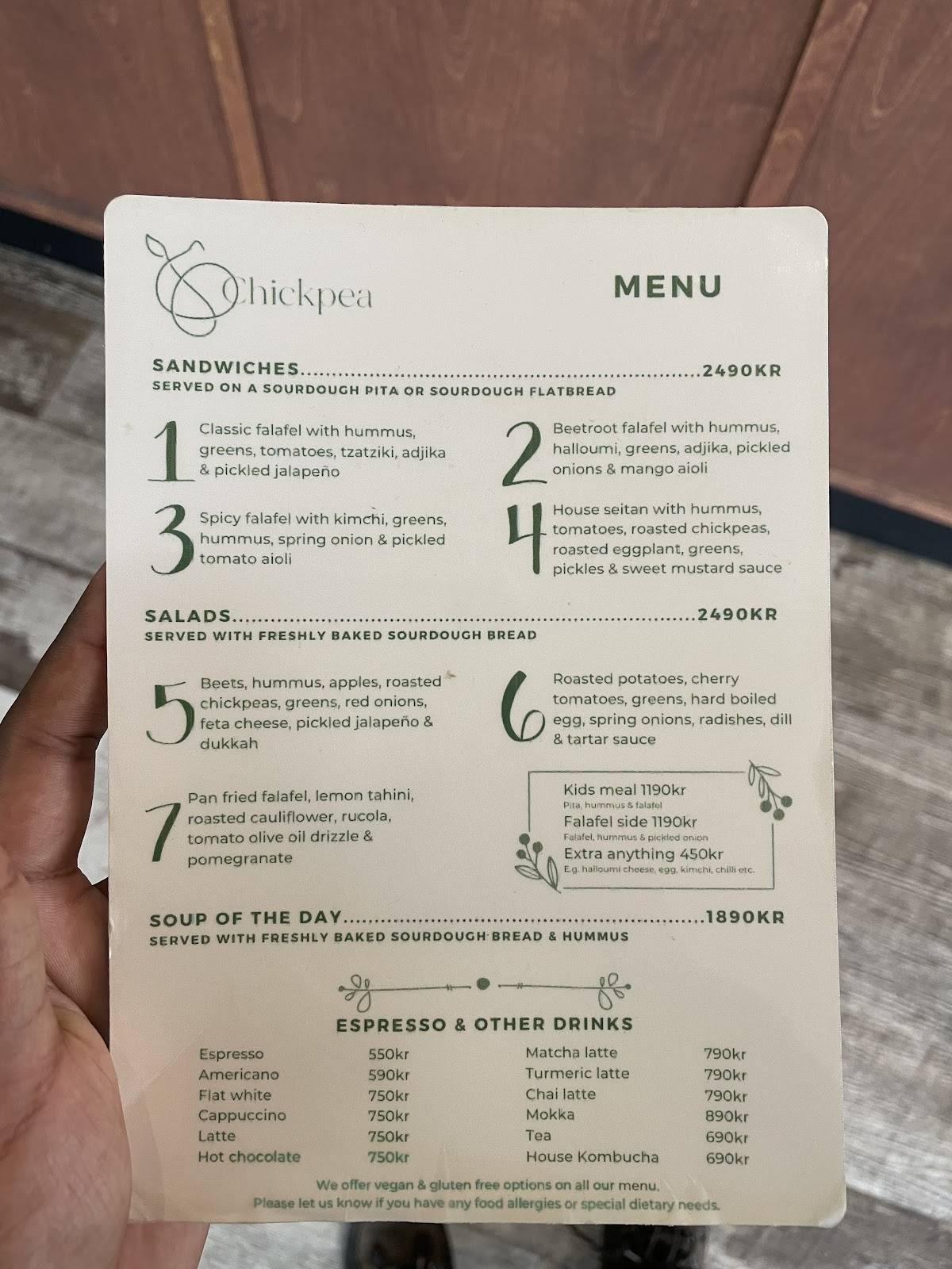 Menu at Chickpea restaurant, Reykjavík
