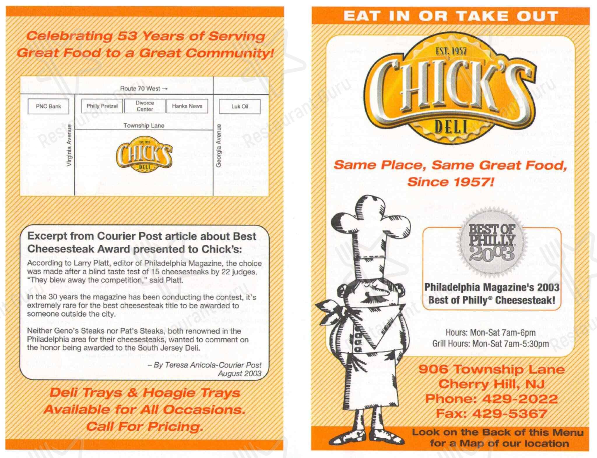 Menu at Chick's Deli restaurant, Cherry Hill