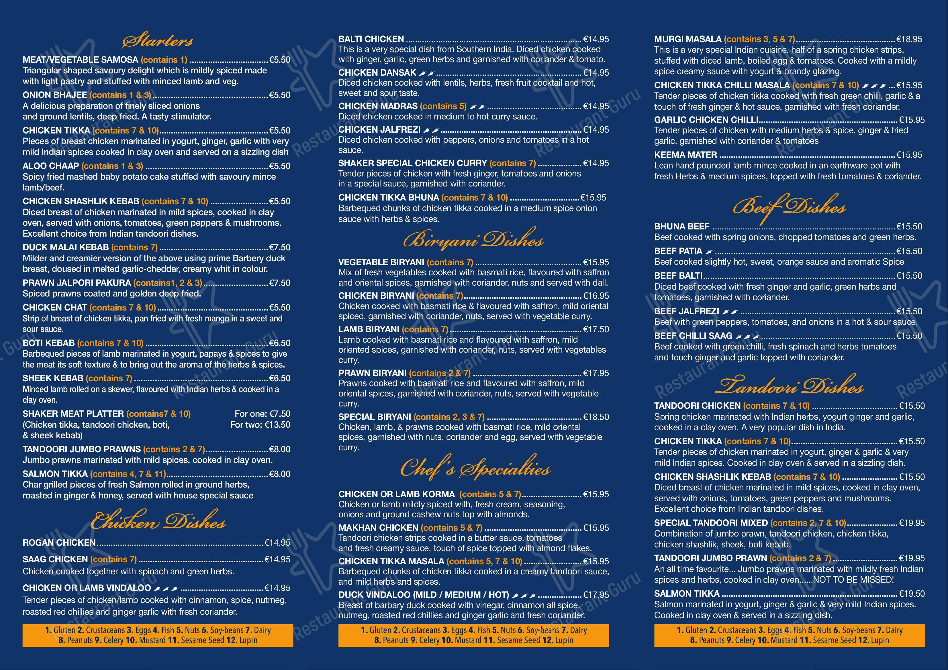Menu at Chilli Shaker restaurant, Letterkenny