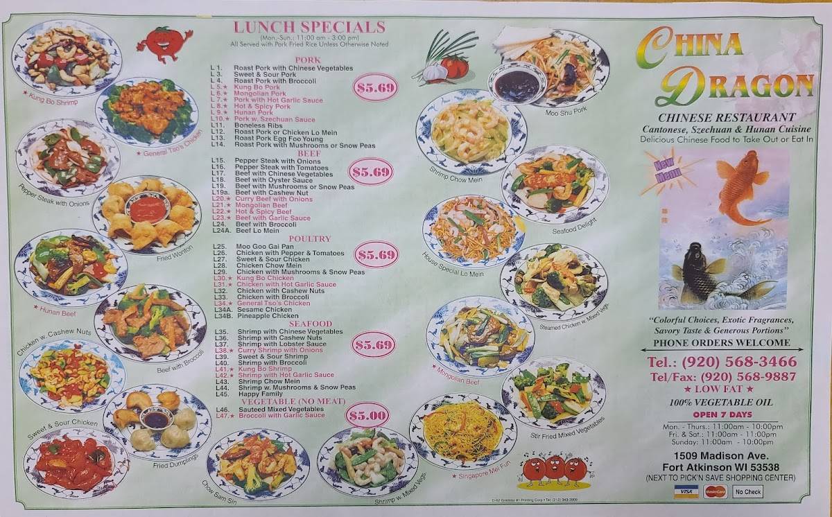 Menu at China Dragon restaurant, Fort Atkinson