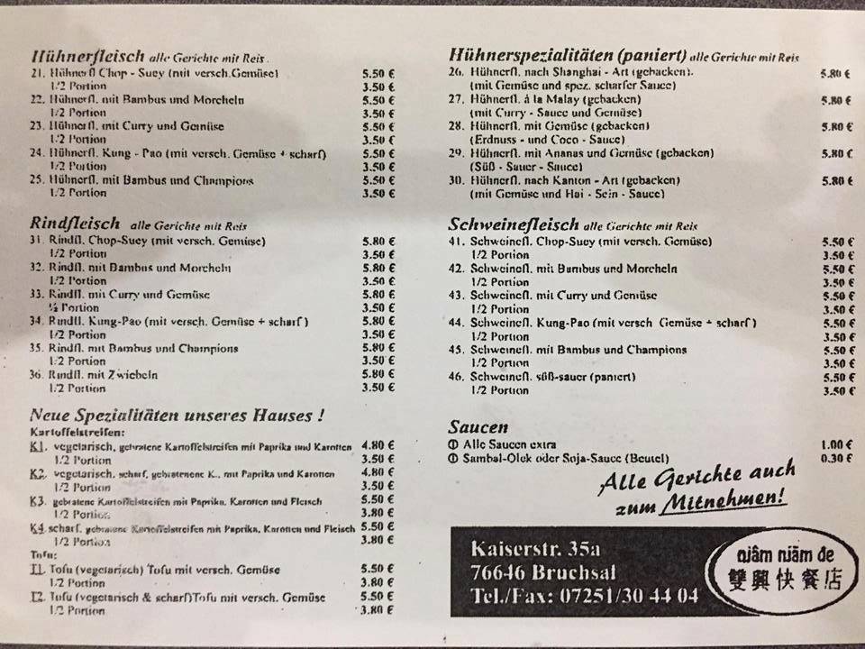 Speisekarte von China-Imbiss-Njam-Njam-De fast Food, Bruchsal