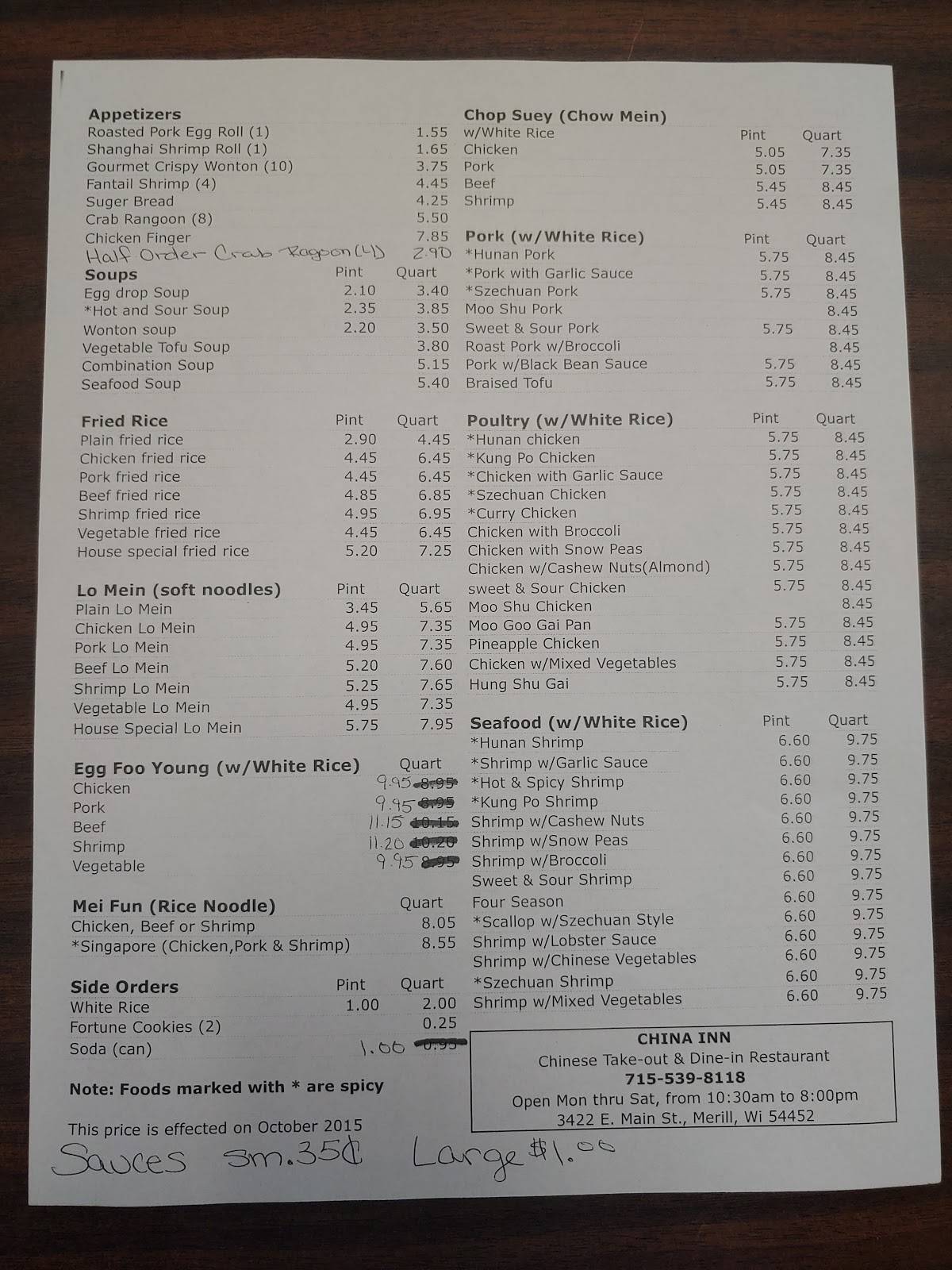 Menu at China Inn restaurant, Merrill