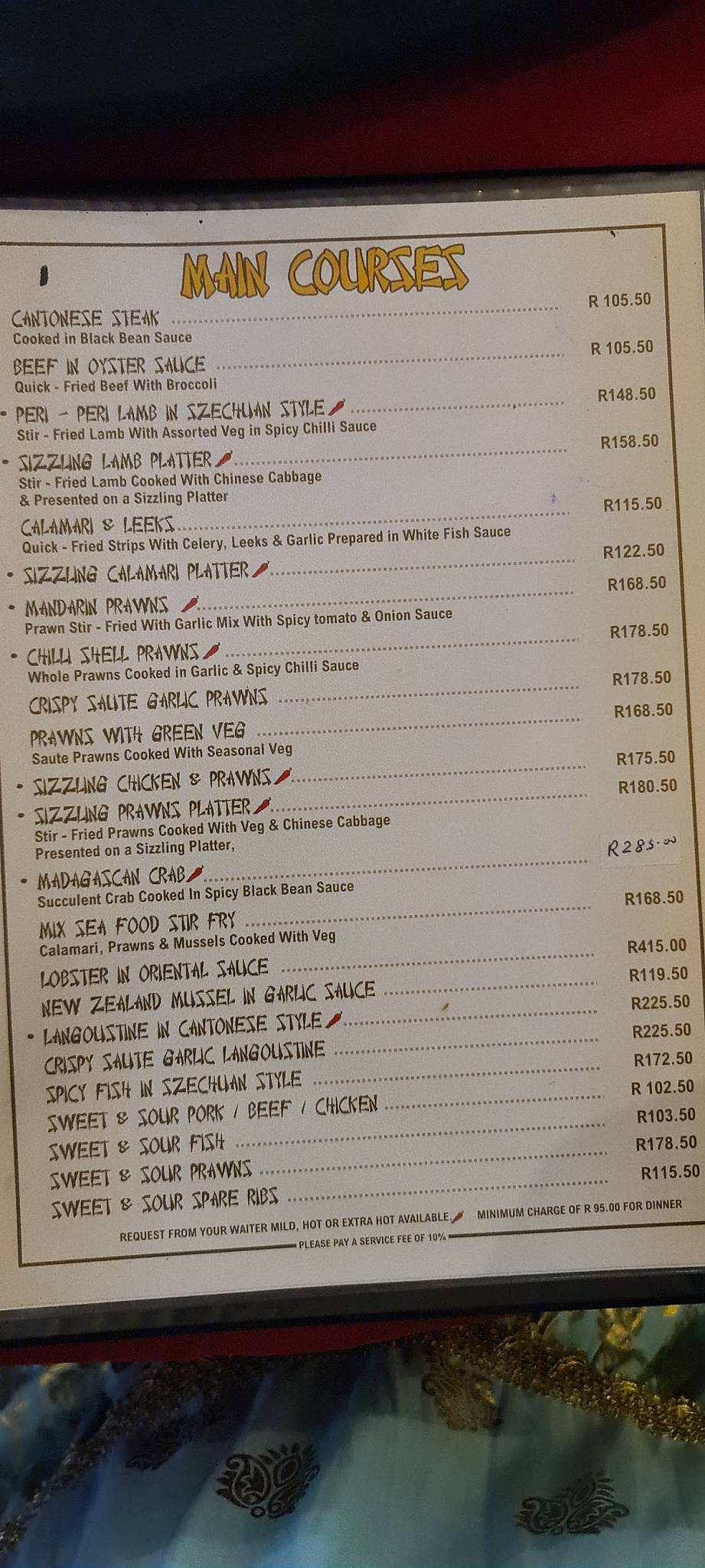 Menu at China Plate restaurant, Durban
