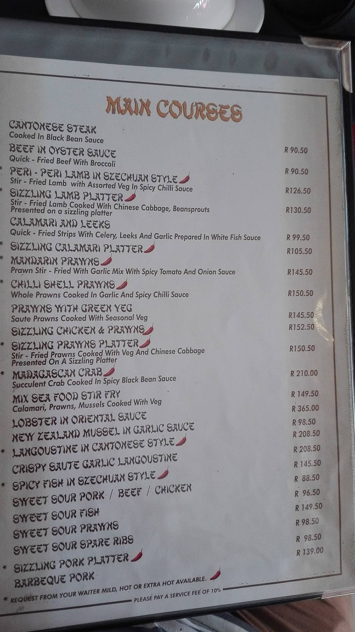 Menu at China Plate restaurant, Durban