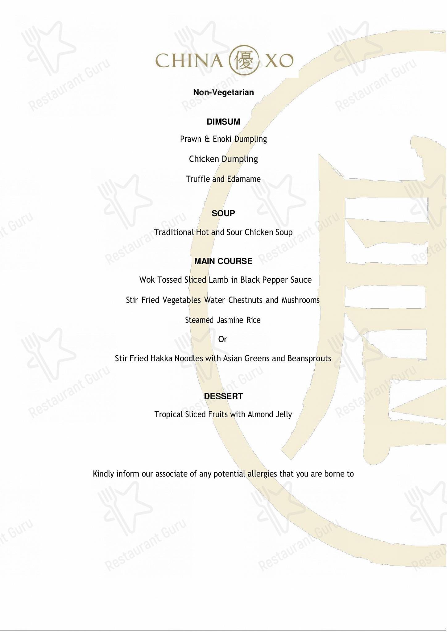 Menu at China XO, Chennai, The Leela Palace