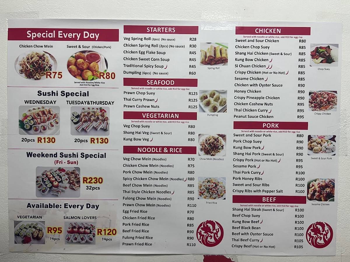 Menu at Chinese Fu Long restaurant, Stellenbosch, 28 Cluver Rd
