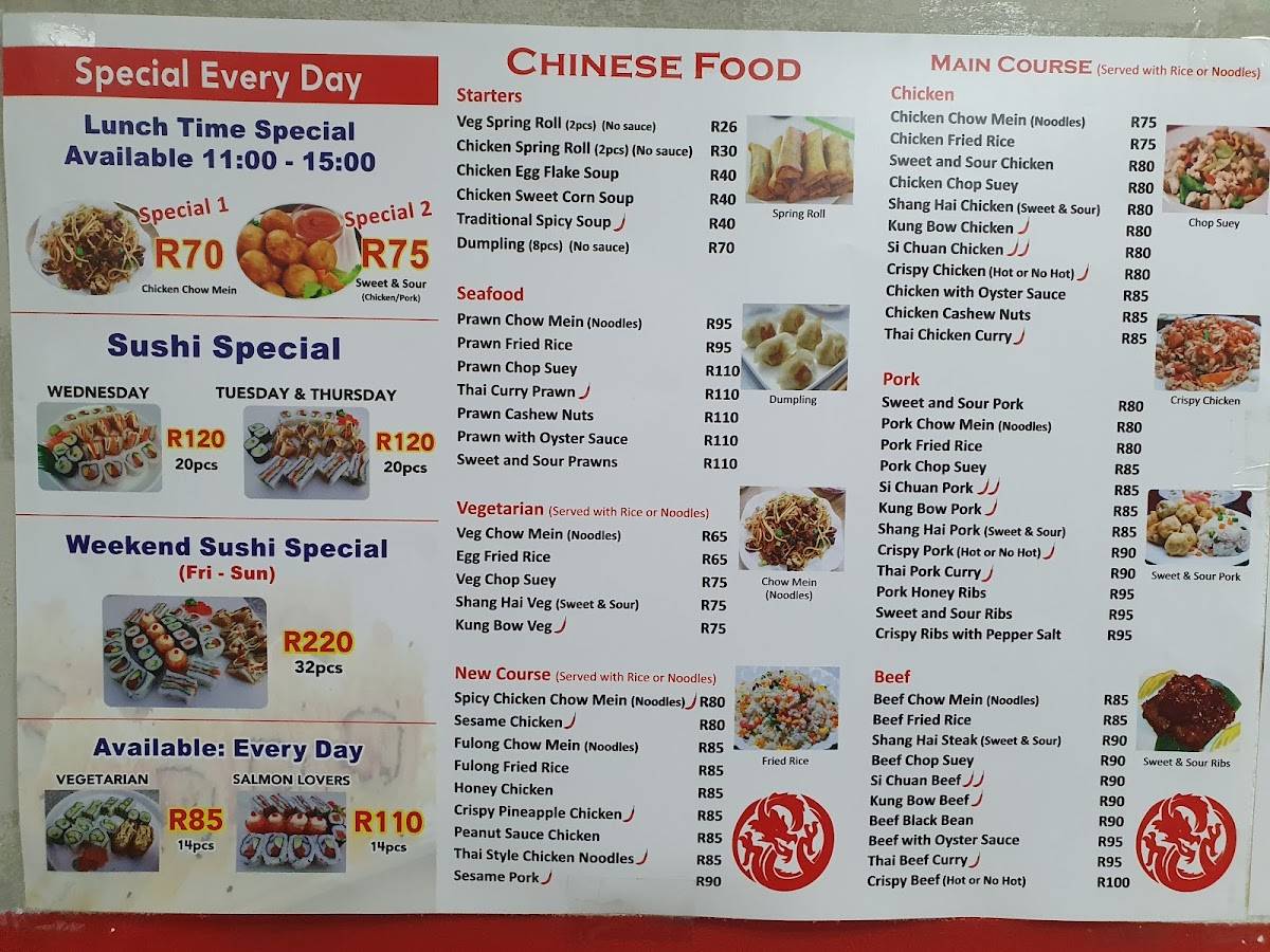 Menu at Chinese Fu Long restaurant, Stellenbosch, 28 Cluver Rd