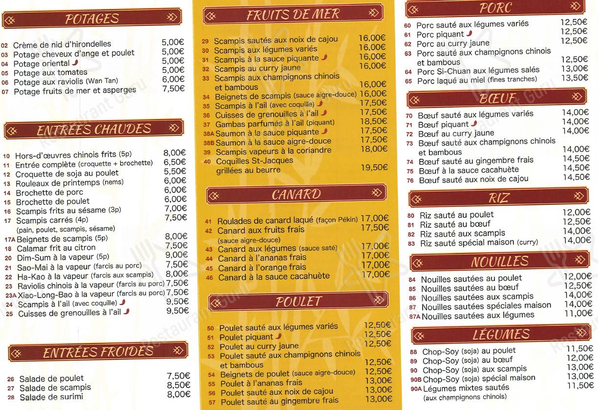 Menu au Restaurant Chinois Chaud, Namur