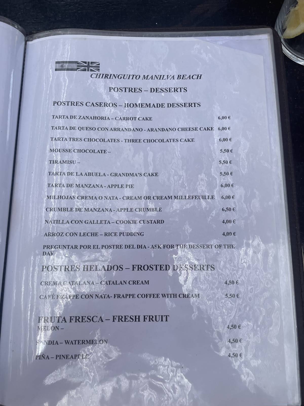 Menu at Chiringuito Manilva Beach restaurant, La Chullera
