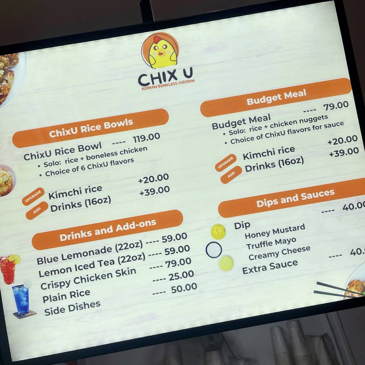 Menu at Chix U restaurant, Marikina