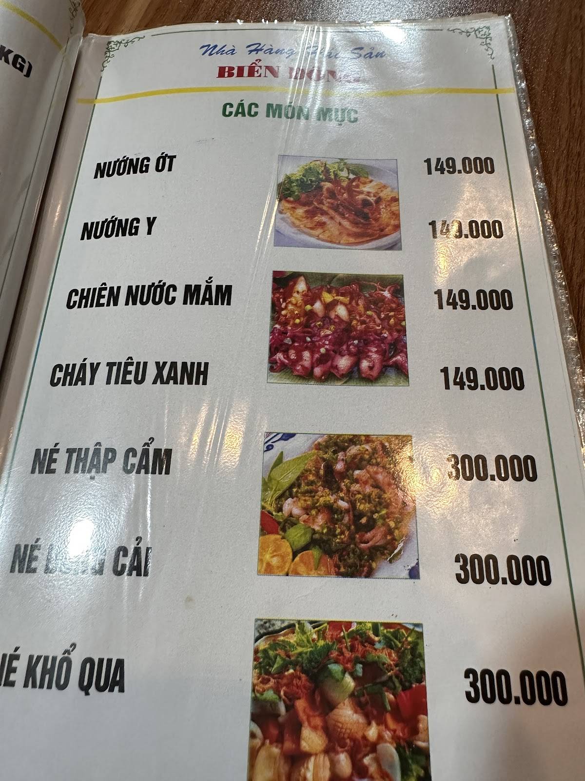 Menu at Chợ hải sản Biển Đông restaurant, Tây Ninh