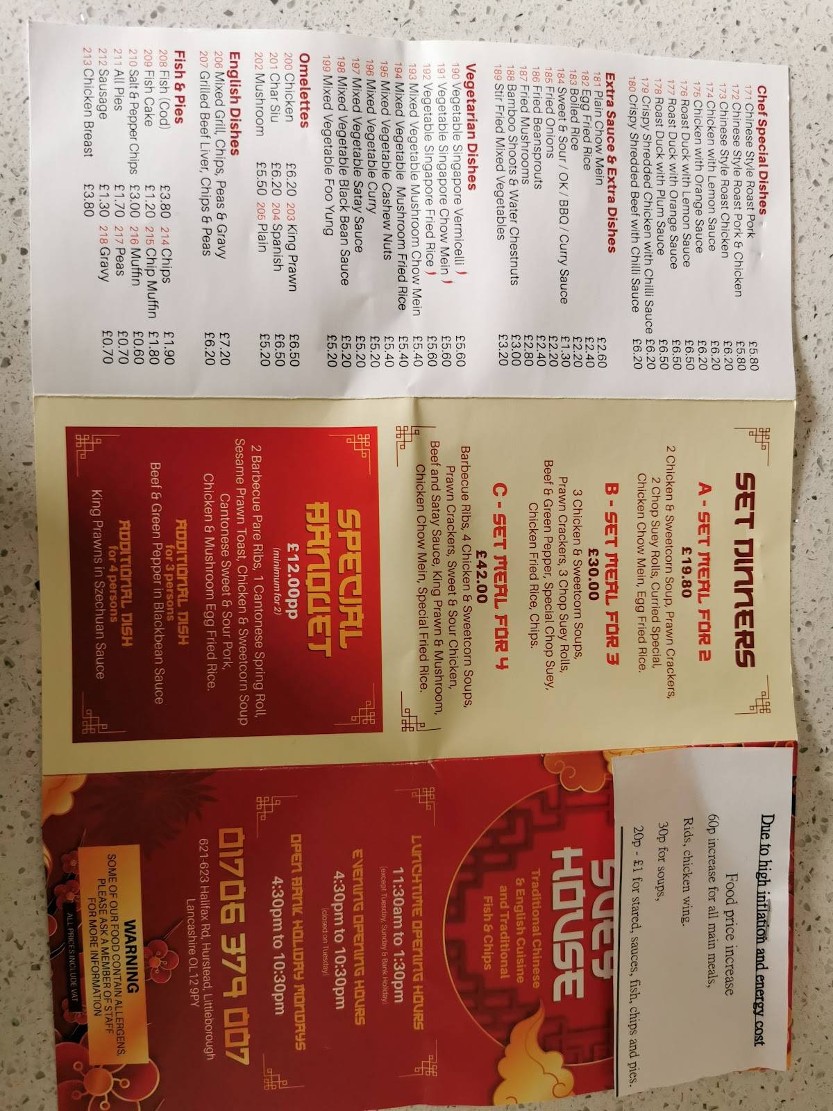 Menu at Chop Suey House fast food, Rochdale