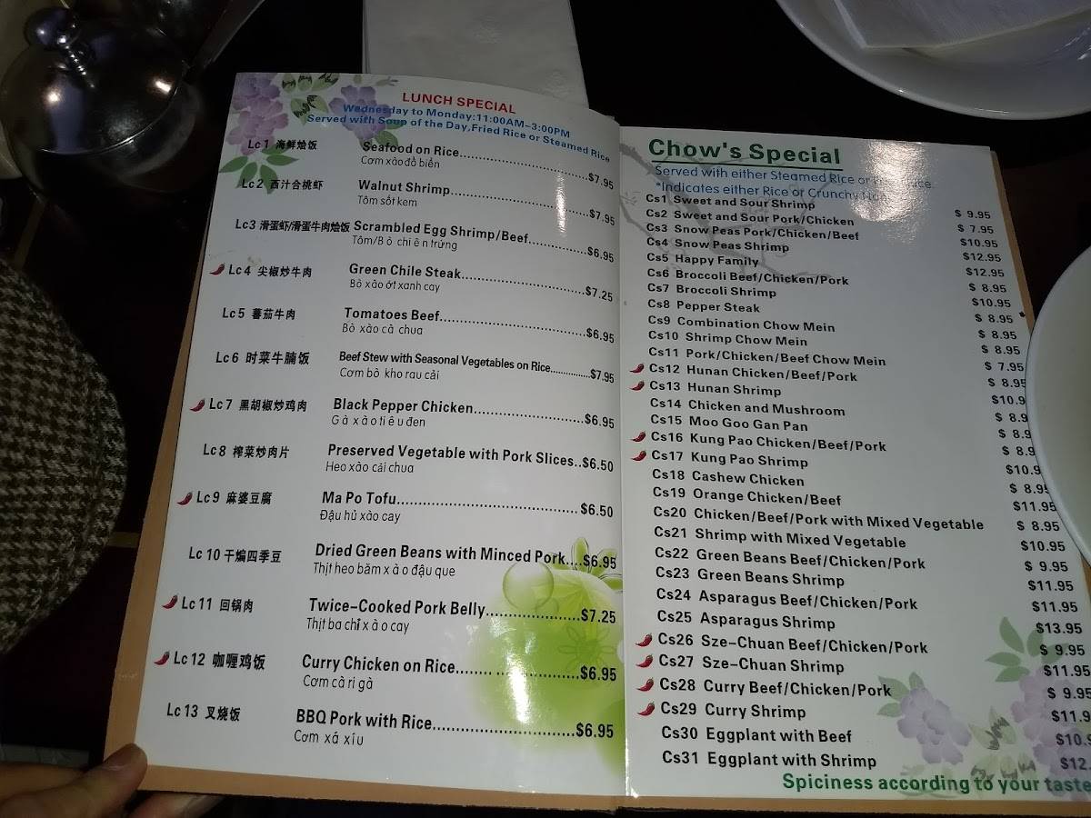 Menu at Chow's restaurant, Oklahoma City